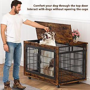 EasyCom Dog Crate Furniture, Extra Large Dog Kennel Indoor with Top-Access Teasing/Feeding Door, Spacious Dog House Moveable Furniture-Style Dog Cage with Wheels Double Doors