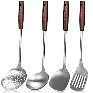 15 inch Large Spatula Slotted Turner Soup Ladle 304 Stainless Steel Wok Spatula Set Slotted Spoon for Cooking Utensils Set Long Wooden Handle Ladles Kitchen Metal Spatula Cooking Spoons