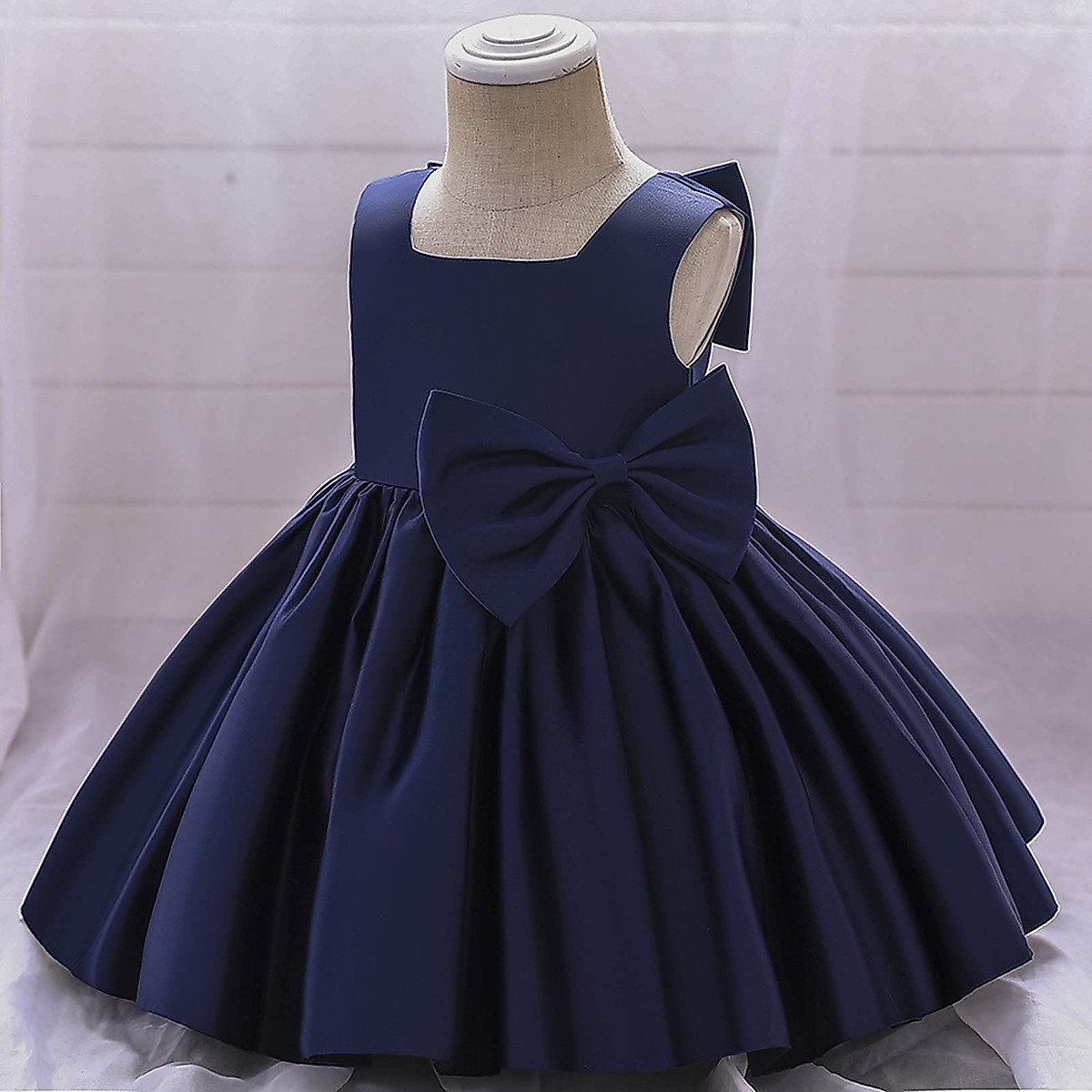 Mubineo Infant Baby Girl Satin Formal Dress Bowknot Princess Birthday Pageant Dress (Navy, 12-18 Months)