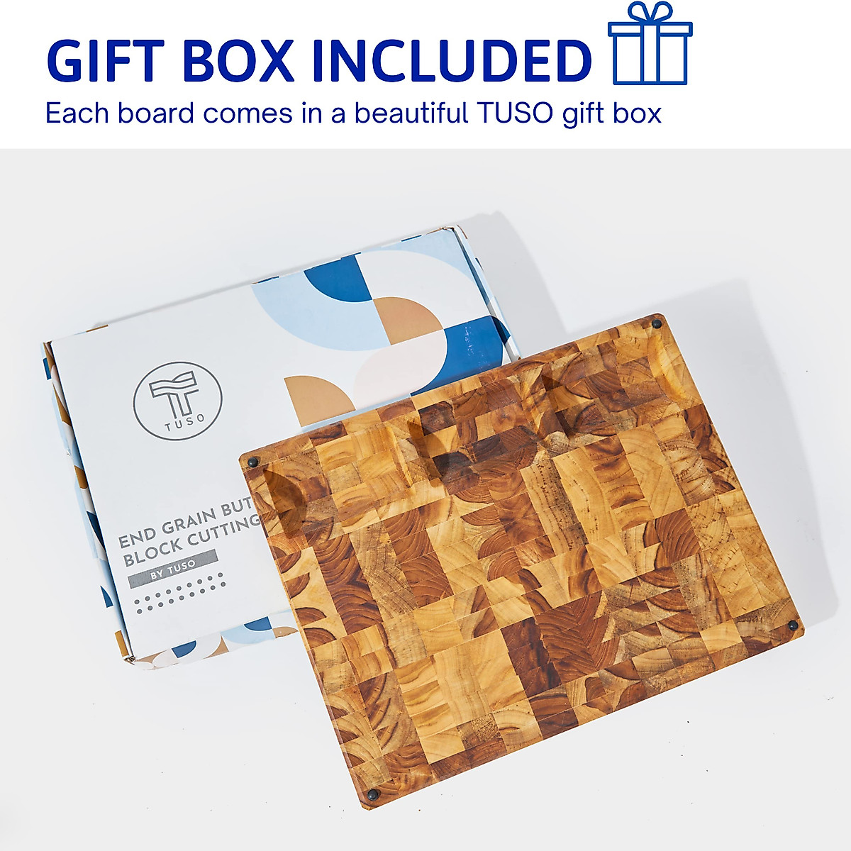 TUSO Butcher Block Cutting Board [17 x 13 x 1.5 inches ] End Grain Teak Wood Cutting Board - Reversible Multipurpose with Non-Slip Feet, Juice Groover, Sorting Compartments and Built-in Handles