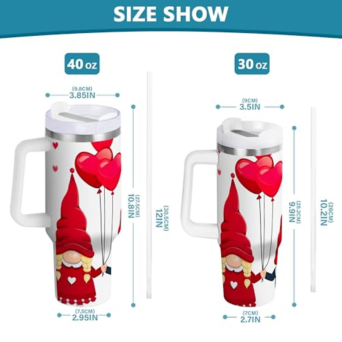 Cute Valentine's Gnome Stainless Steel Tumblers with Handle and Straw Lid for Water, Water Tumbler 30 OZ / 0.89 L