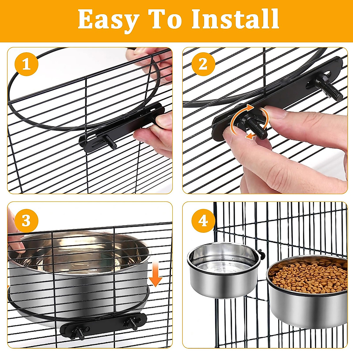 Vayugo Dog Crate Bowls, 2 Pack Stainless Steel Kennel Water Food Bowls with Clamp, Anti-Spill Hanging Pet Metal Bowls for Small Medium Large Dogs Use in Cage Kennel Crate