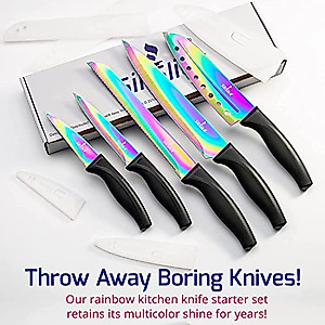 SiliSlick Kitchen Knife Set, Titanium Coated Stainless Steel Colorful Blades, Chef, Bread, Santoku Utility & Paring Knives, Magnetic Mounting Rack & Portable Sharpener