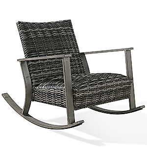 Ulax Furniture Outdoor Wicker Rocking Chair, All- Weather Outside Rattan Furniture, Club Rocker Chair with Armrest for Garden, Patio, Balcony and Backyard (Grey)