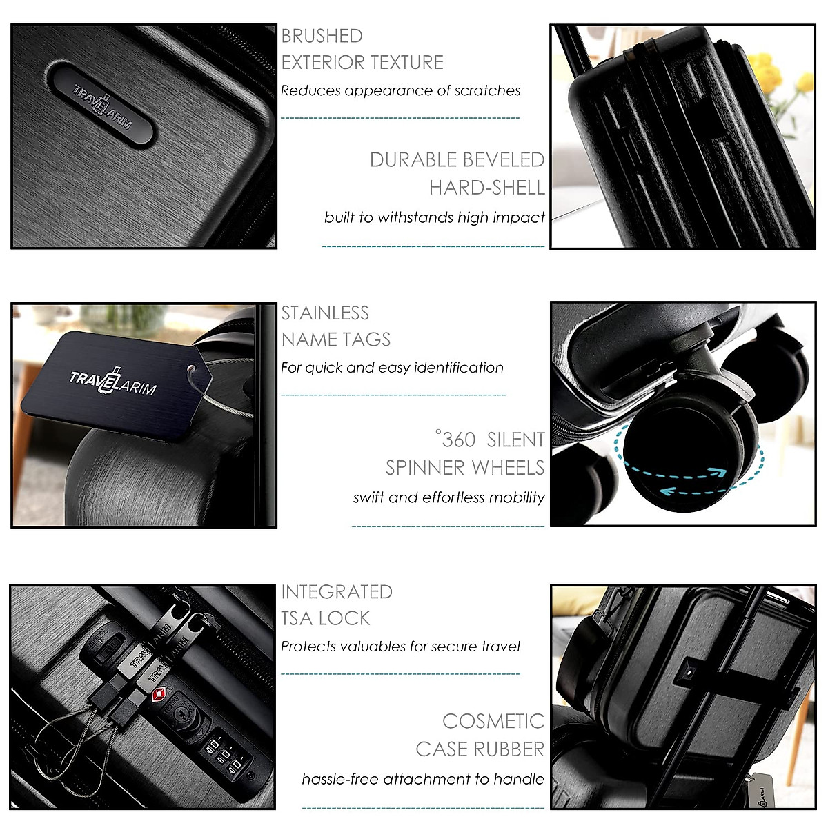 TRAVELARIM 22 Inch Carry On Luggage 22x14x9 Airline Approved, Carry On Suitcase with Wheels, Hard-shell Carry-on Luggage, Durable Luggage Carry On, Black Small Suitcase with Cosmetic Carry On Bag