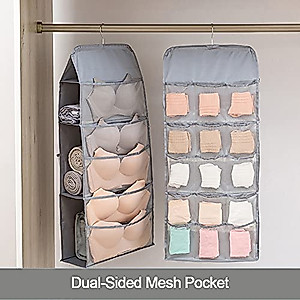 DOMEZO Dual-Sided Closet Hanging Organizer with Rotating Metal Hanger and Mesh Pockets for Underwear, Bras, Socks, Towels, Handbags, Stockings Storage, Oxford Hanging Bags (3+5+15 Pockets, Grey)