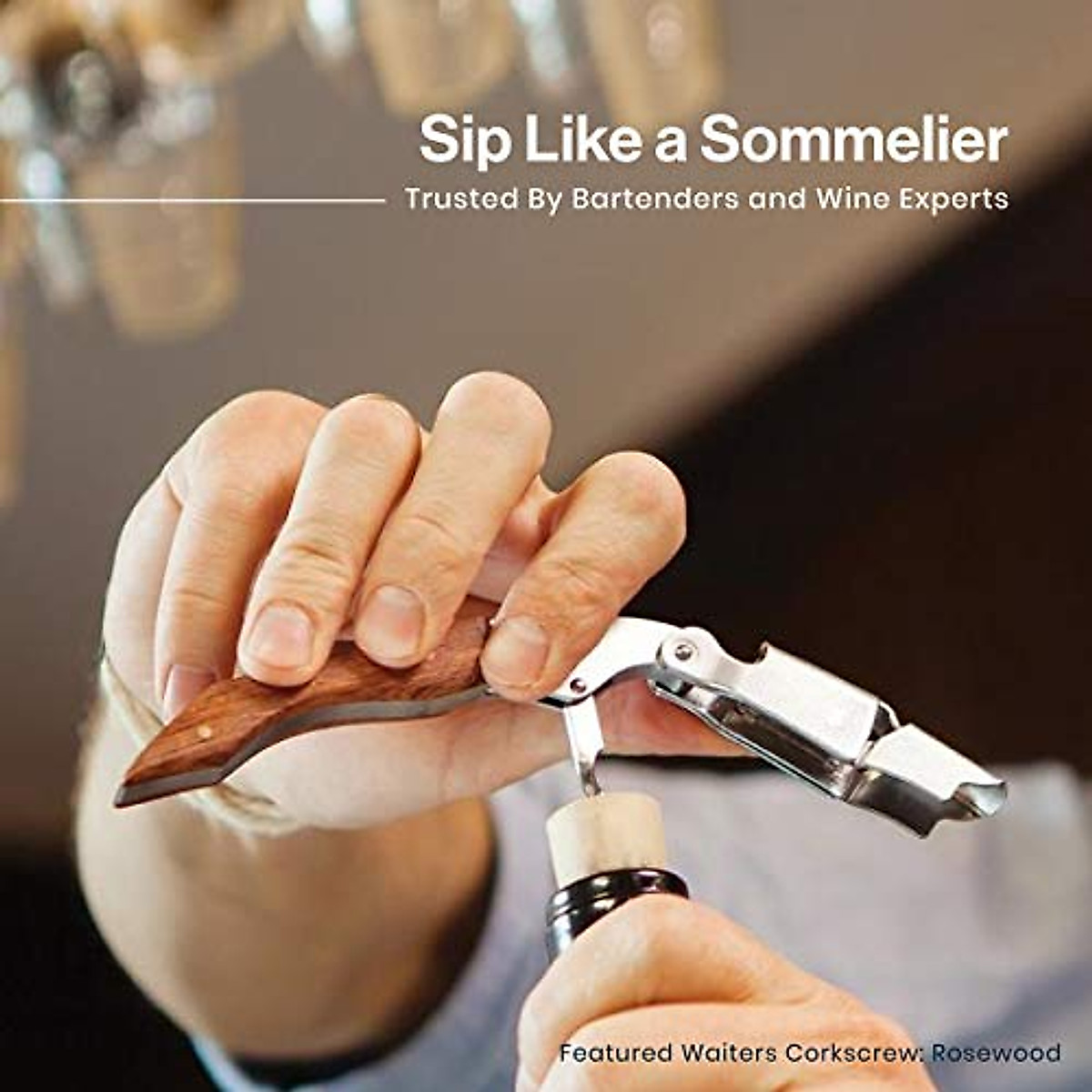 Hicoup Wine Opener - Professional Corkscrews for Wine Bottles w/ Foil Cutter and Cap Remover - Manual Wine Key for Servers, Waiters, Bartenders and Home Use - Stainless Steel w/ Sapphire Resin Inlay