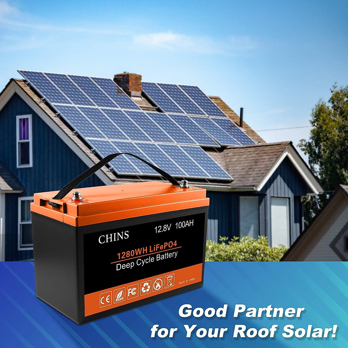 CHINS 4 Pack 12V 100AH LiFePO4 Battery 48V 100AH Lithium Battery, Includes 48V 10A Lithium Battery Charger, Perfect for Golf Cart, Trolling Motor, Marine, Includes Low-Temperature Cut-Off Function