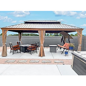 Domi Outdoor Living 14’x20’ Hardtop Gazebo, Wooden Coated Aluminum Frame Canopy with Galvanized Steel Double Roof, Outdoor Permanent Metal Pavilion with Curtains and Netting for Patio, Deck and Lawn