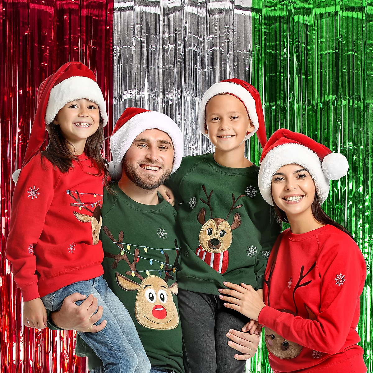 LOLStar 3 Pack Christmas Foil Fringe Curtains Christmas Party Decoration 3.3 x 6.6 ft Red Silver Green Tinsel Fringe Party Photo Backdrop Streamer Backdrop for Christmas, New Year, Ugly Sweater Party