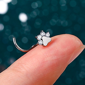 COCHARM G23 Titanium 20g Nose Stud Paw Print Nose Screw Nose Rings Dog Paw Clear CZ Nose Piercing Jewelry 20 Gauge Hypoallergenic Nose Corkscrew Stud