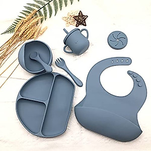 K-Universal Baby Feeding Bibs | 8pc Silicone Bibs for Babies | Bib Bowl Plate Cup Fork Spoon | Adjustable Divided Plate | Easily Wipe Clean | Less Cleaning Time After Toddler & Babies (Bubbly blue)