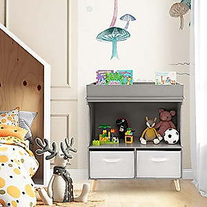 Costzon Baby Changing Table, 2 Drawer Infant Diaper Changing Station with Waterproof Changing Pad, Solid Wood Legs, Changing Table Dresser for Nursery (Gray)