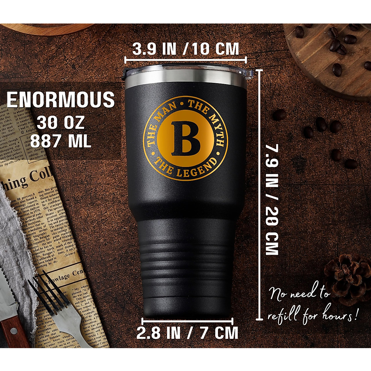 the Man the Myth the Legend Mug with Initials, Monogrammed Stainless Steel Travel Tumbler for Men, Funny Personalized Coffee Cup, Custom Beer Glass, Unique Birthday Christmas Gifts for Him, 30 oz, A