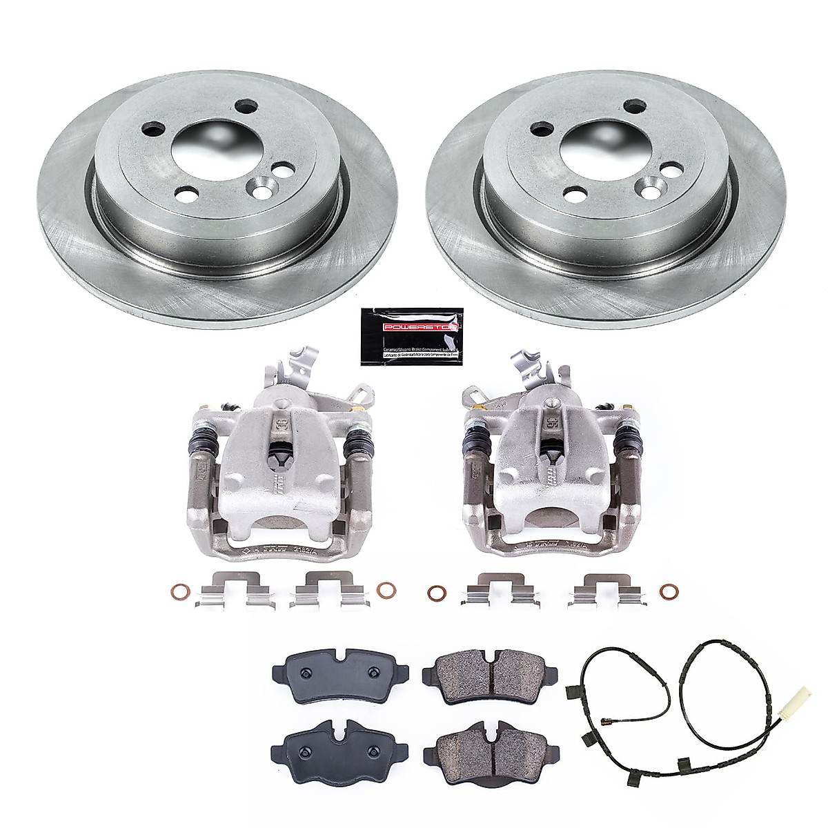Power Stop KCOE8871 Rear Stock Replacement Brake Pad and Rotor Kit with Calipers and 1 Rear Sensor Wire For Mini Cooper 2013 [Model Specific]