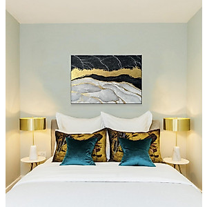 100% Hand Painted Black White and Gold Wall Art, Big Painting 28X40 Inch, Abstract Canvas Wall Art with Gold Foil Textured Art, Modern Wall Pictures for Living Room.