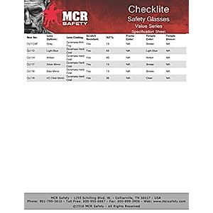 MCR Safety Glasses CL110 Checklite Clear Lens with UV Protection and Scratch Resistant Coating, 1 Pair