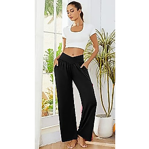 SUNYAA Womens Wide Leg Yoga Pants High Waisted Flowy Casual Loose Comfy Lounge Palazzo Sweatpants Pajamas with Pockets Black S