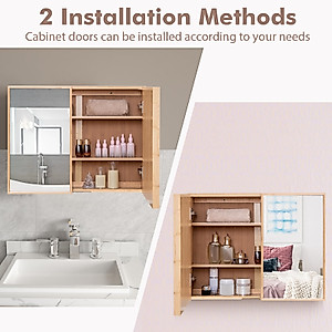 Tangkula Bathroom Medicine Cabinet, Wall Mounted Bamboo Bathroom Cabinet with Double Mirror Door, 2 Adjustable Shelves, Hanging Wall Mirror Storage Cabinet for Bathroom Laundry Room Entryway (2-Door)