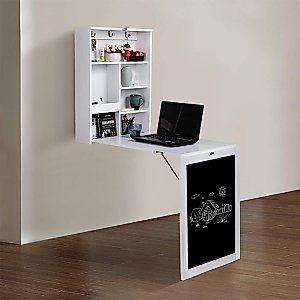 JAXPETY Wall Mounted Space Saving Folding Desk Fold Out Computer Laptop Desk with Storage Bookcase & Chalkboard Convertible Writing Desk for Home Office, White + Black