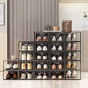 Pinkpum 12 Pack Shoe Storage Boxes, Shoe Organizer for Closet X-Large, Black Clear Plastic Stackable Sneaker Storage Containers Bins with Lids, Clear Shoe Display Case Containers, Fit for Size 11