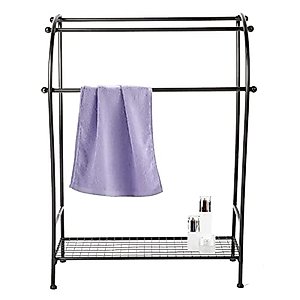 MYOYAY Freestanding Towel Rack with Storage Shelf 3-Tier Bathroom Towel Bar Rack Metal Quilt Rack Stand and Display Rack for Bathroom Bedroom Laundry Room