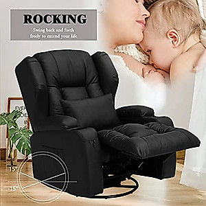 OBBOLLY Swivel Rocker Recliner Chair - Manual Glider Rocking Recliner Chair, Wingback Design 360° Swivel Chair with Lumbar Pillow, Cup Holders, Side Pockets for Living Room, Faux Leather (2, Black)