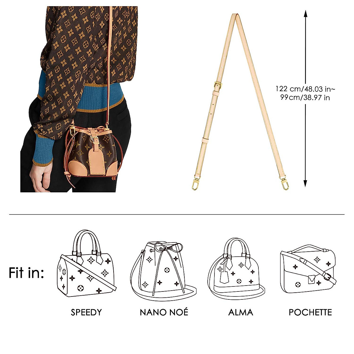 CHICECO Vachetta Leather Replacement Strap Set for Pochette Accessoires Little Pouch Speedy Nano Noe, Handbag Decoration Chain, Bag Accessories Charms (Beige)