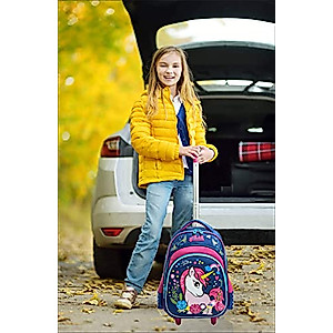 Meetbelify Girls Unicorn Rolling Backpacks Kids Backpack with Wheels for Girls School Bags with Lunch Box