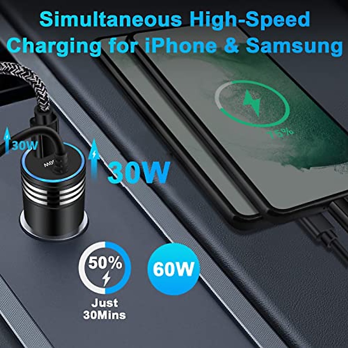 Android USB C Samsung Super Fast Car Charger for Samsung Galaxy S23 Ultra/S23/S23 Plus/A14 5G/A54/S22/S21 fe/S20/A53 5G/A13/A03S/A32, 60W Fast Car Adapter with 30W Built-in Type C Fast Charging Cable