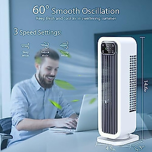 Oscillating Tower Fan, Bladeless Desk Fan 15 inch 12000mAh Battery Operated Portable Table Fan for Bedroom Office Home, Small Standing Fan for Rooms Desktop with Touch Control, Timer, Dimmable Light
