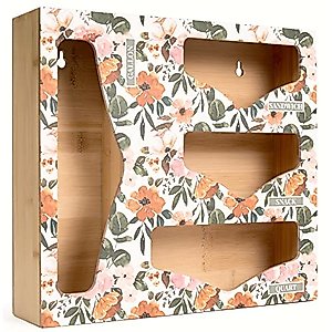 Senablocks Ziplock Bag Storage Organizer in Bamboo, compatible with Ziploc Bag Organizer in Gallon, Quart, Sandwich & Snack Size Bags - Assembled Floral Print Ziplock Organizer for Drawer (4 slots)