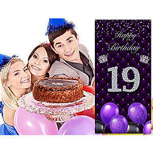 Happy 19th Birthday Purple Banner Backdrop Photo Booth Props Balloons Silver Crown Theme Decor for Woman Nineteen Year Anniversary 19 years Old Birthday Party Favors Supplies Decorations