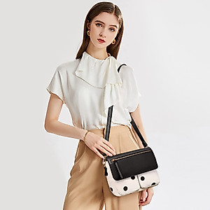 Polka Dots Small Crossbody Bags for Women, Zipper-deco Flapover Cross body Bag with 8 Compartments, Stylish Shoulder Purse, Saddle Handbags with Adjustable Strap,Christmas Gift,Leather+Canvas Black