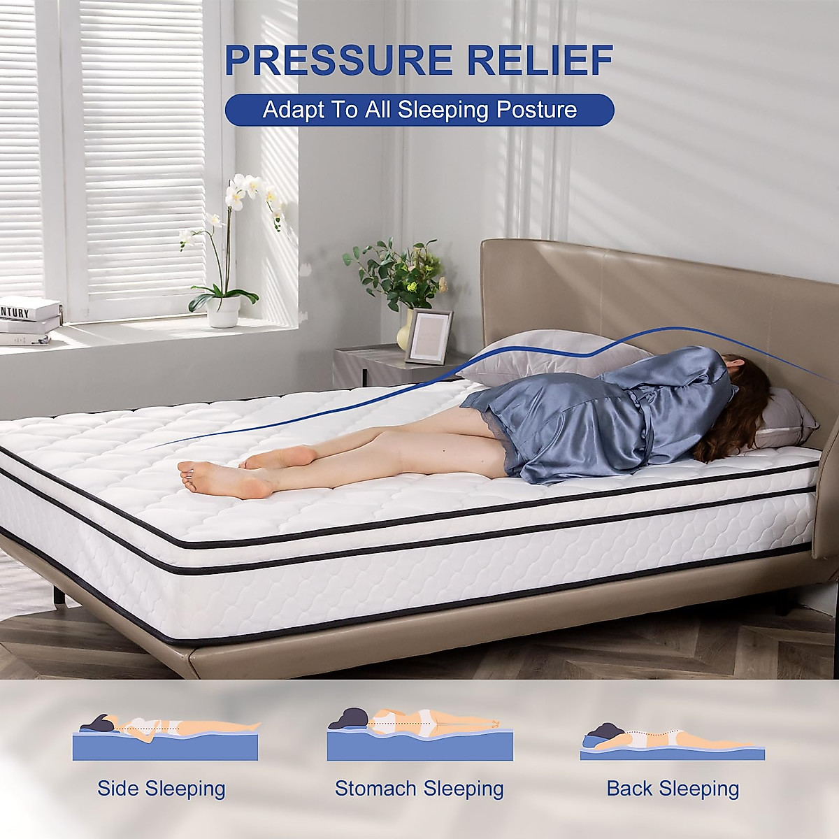 Queen Mattress, 10 inch Queen Size Mattress Hybrid in A Box, Bonnell Coil Queen Size Mattress Medium Soft Feel with High Density Foam for Pressure Relief