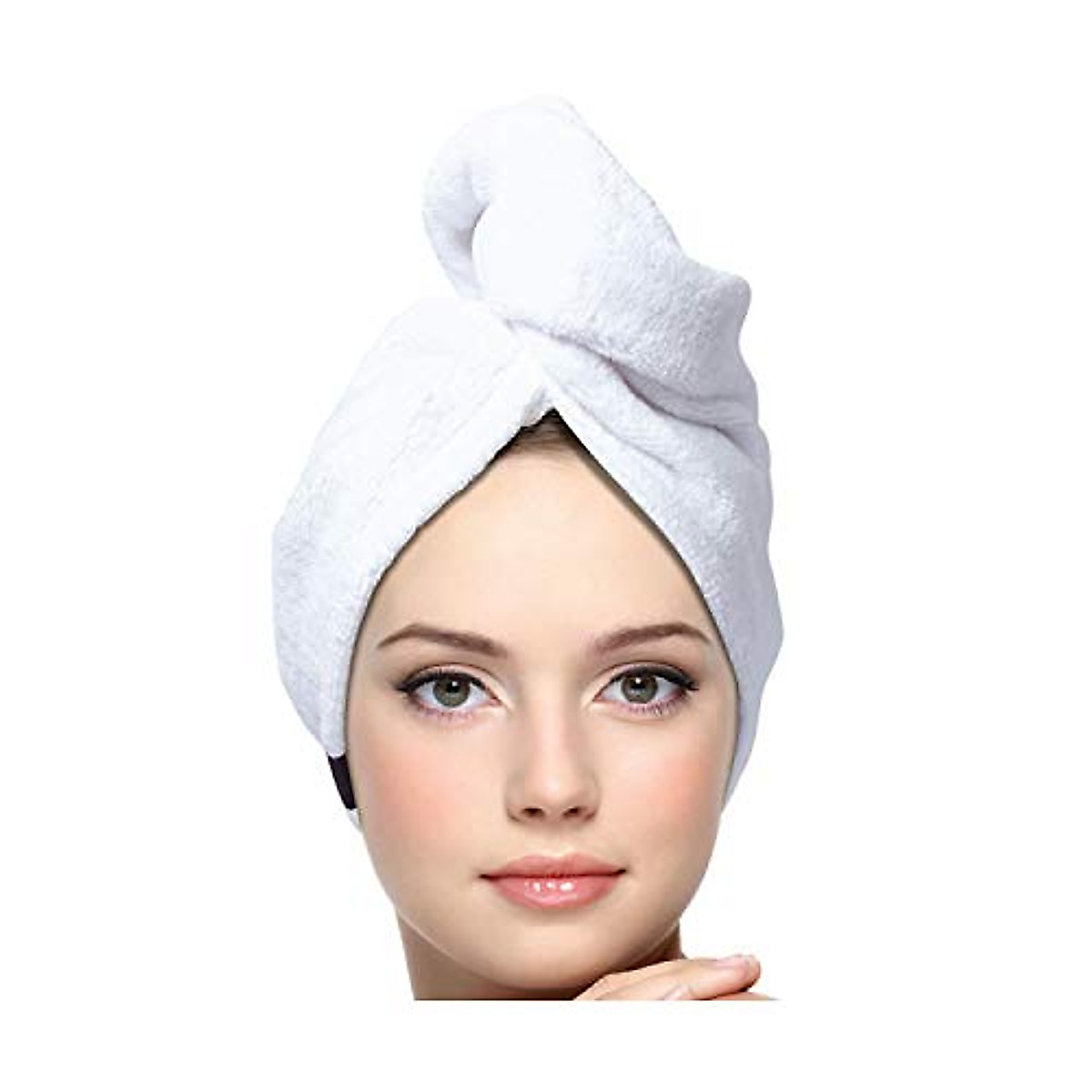 KEEPOZ Hair Towel Wrap Quick Dry 100% Cotton Super Absorbent Turban Head Wrap for Women with Button, Non Microfiber Anti Frizz Hair Products, Hair Cap for Curly, Long & Thick Hair (1Pc)(White)