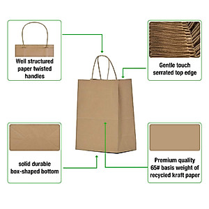 Qutuus Kraft Gift Bags Large with Handles 25 Pcs 10x5x13 inch Brown Gift Bags, Kraft Paper Bags for Shopping Reusable Grocery Bag