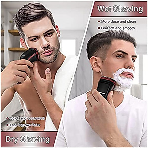 MAX-T Men's Electric Shaver - Corded and Cordless Rechargeable 3D Rotary Shaver Razor for Men with Pop-up Sideburn Trimmer Wet and Dry Painless 100-240V Red