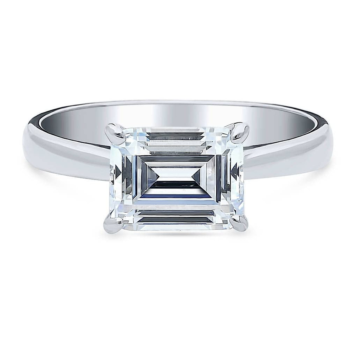 BERRICLE Sterling Silver Solitaire Wedding Engagement Rings 2.6 Carat Emerald Cut Cubic Zirconia CZ East-West Promise Ring for Women, Rhodium Plated Size 7