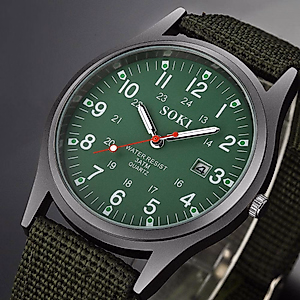 JewelryWe Men's Military Green Dial Nylon Strap Quartz Calendar Wrist Watch Night Vision Luminous Wristwatch for Father's Day