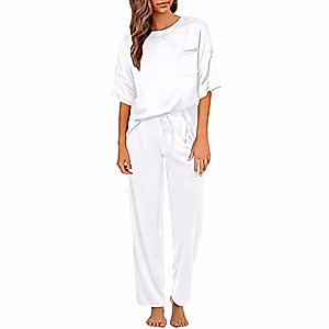 SWOMOG Pajamas Satin Pajamas Short Sleeve Silk Pjs Loungewear Long Pajama Pant Set Ladies Pajamas for Women Two Piece Pajama Set M White