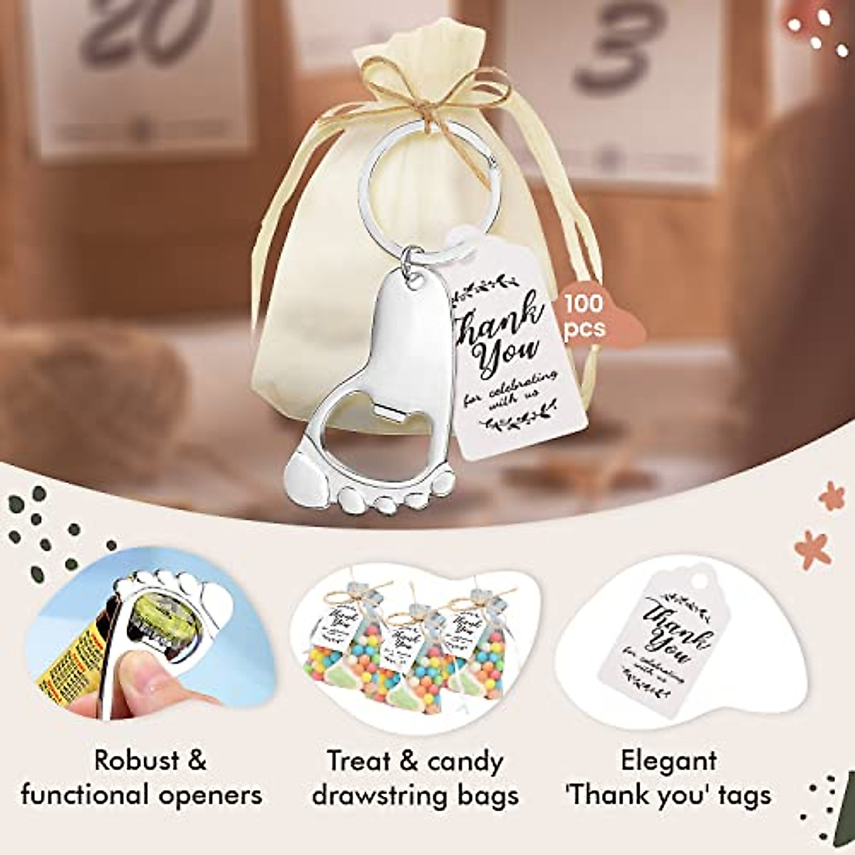 MRN BEAUTY 50 Pieces footprint bottle opener keychain Baby shower and Gender Reveal Party Return Gifts for Guests Footprint Bottle Opener Keychain with 100 Organza bags and Thank you Tags. (silver)