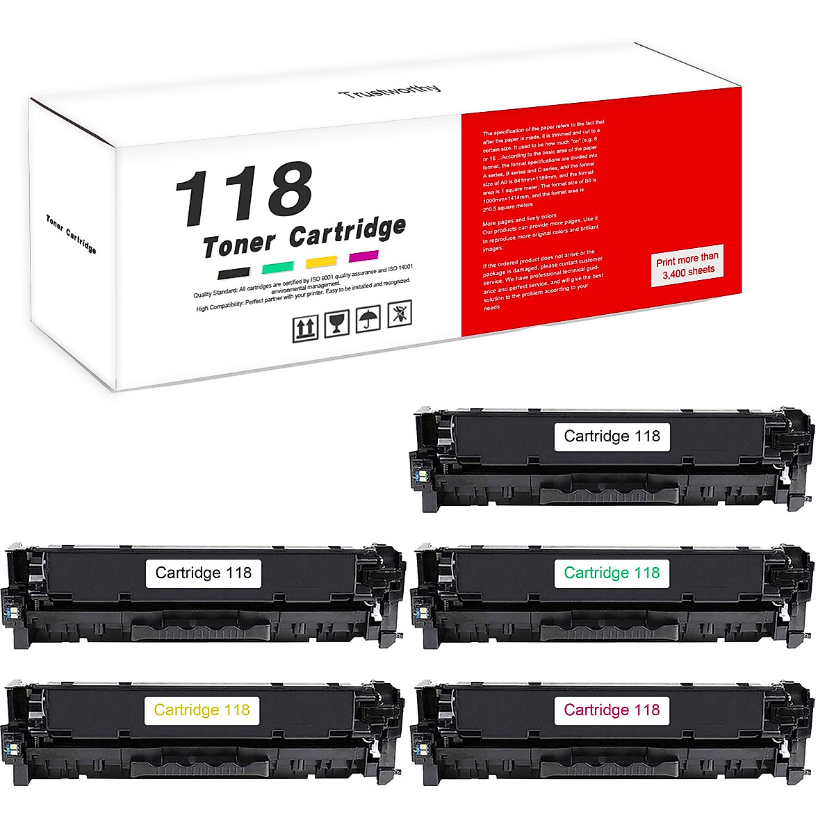(1C+1Y+1M+2BK) Cartridge 118 Toner Cartridge Replacement for Canon 118 MF8380Cdw MF8350Cdn/Cn/C LBP7200C/Cd/Cn/Cdn LBP7210Cdn LBP7600C LBP7660Cdn Printer Toner.