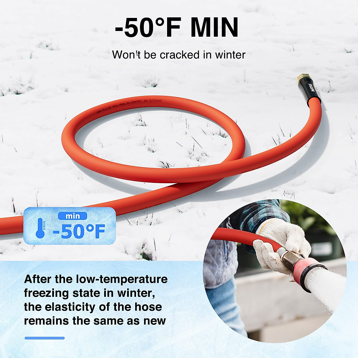 SPECILITE Hot/Cold Water Hose 5/8" x 50 ft,Heavy Duty Red Garden Hose -50℉ to 190℉,Flexible & Lightweight Rubber Hoses With 3/4" Brass Fittings for Yard,Outdoor,Farm