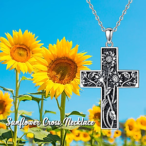 PROESS Cross Necklace For Women 925 Sterling Silver Sunflower Necklace Sunflower Cross Pendant Sunflower Gifts