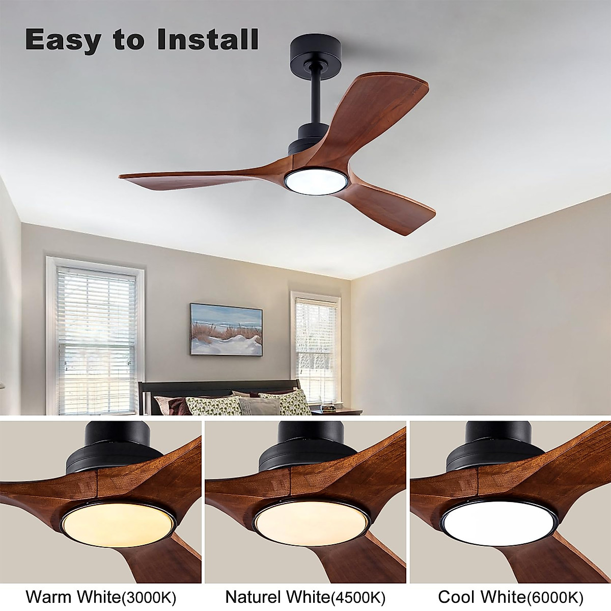 QUTWOB 42" Wood Ceiling Fan with Lights Remote Control,Quiet DC Motor 3 Blade Ceiling Fans for Patio Living Room, Bedroom, Office,Indoor Outdoor(Black+Dark Walnut)