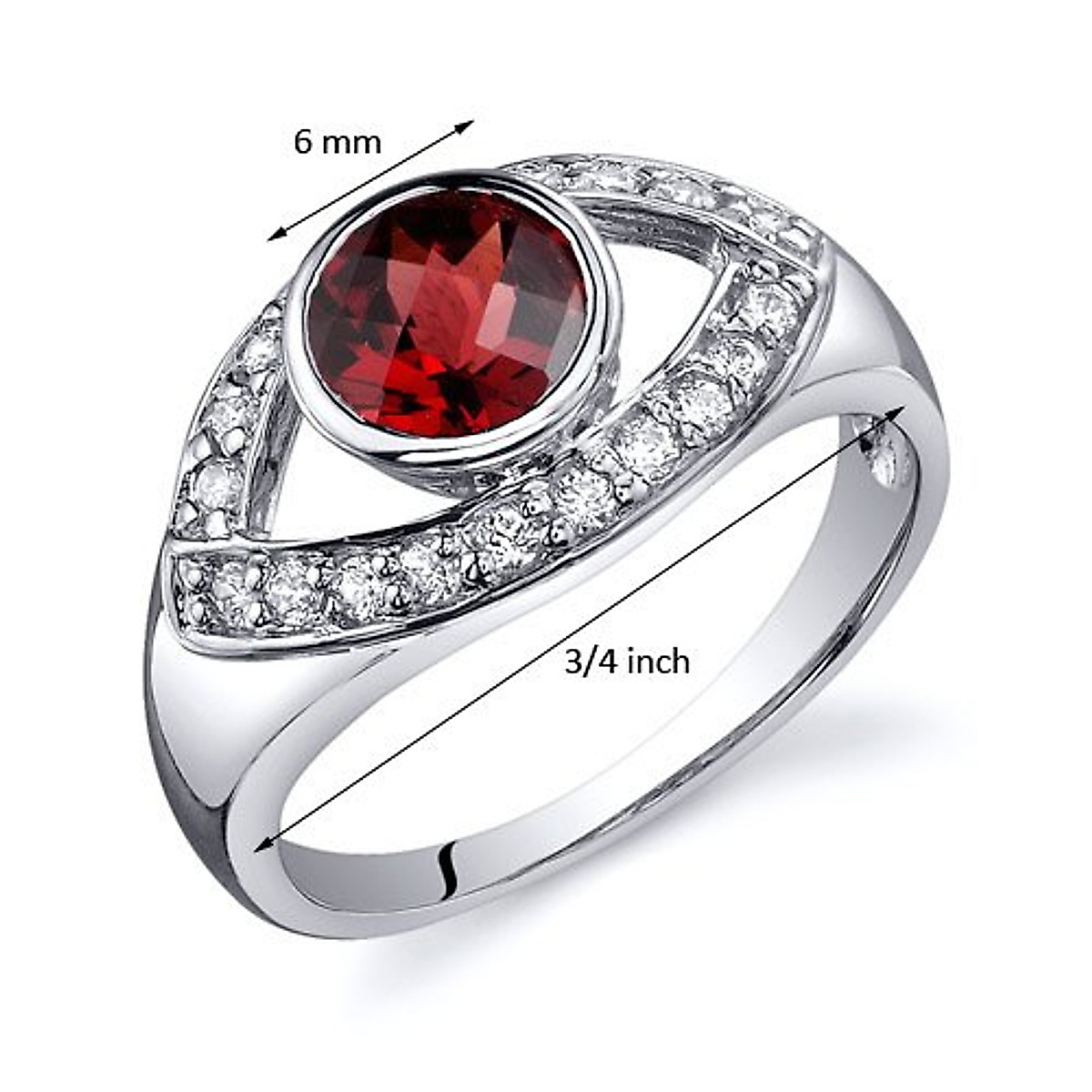 PEORA Garnet Ring in Sterling Silver, Enlightened Third Eye Design, 1 Carat Round Shape, 6mm, Comfort Fit, Size 7