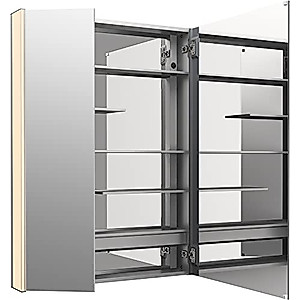 KOHLER K-81149-SLE-DA1 Maxstow Medicine Cabinet with LED Light, Mirror Doors & Staggered Shelves, Rectangular Frame, 32" x 40"