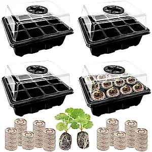 Halatool Seed Starter Kit 4 Pack 48 Cells Black Seed Starter Tray with 50 PCS Peat Pellets for Seedlings Organic Seed Stater Soil Pods for Planting Vegetables Plants Flowers & Starting Seeds