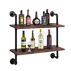 JAXPETY Industrial Floating Shelf 2-Tier Wall Mounted Pipe Shelves Rustic Wood Shelf Metal Bracket Storage Space Display Bookshelf for Bedroom, Living Room, Office